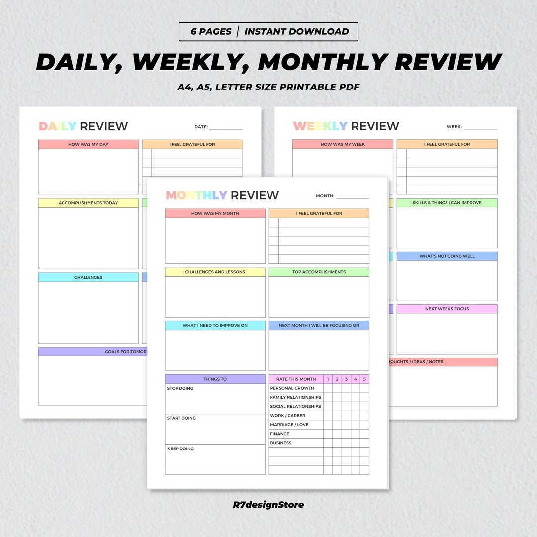 Daily, Weekly, Monthly Review Printable, Gratitude Reflections Log ...