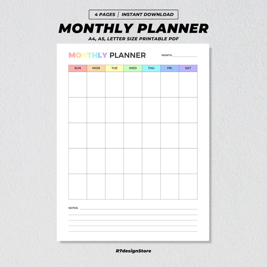 Blank Monthly Planner Printable, Daily Calendar Organizer, Undated ...
