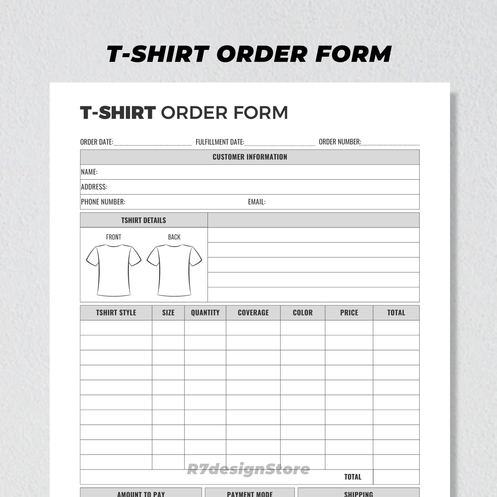 T-shirt Order Form Printable, Small Business Order Template, Custom ...