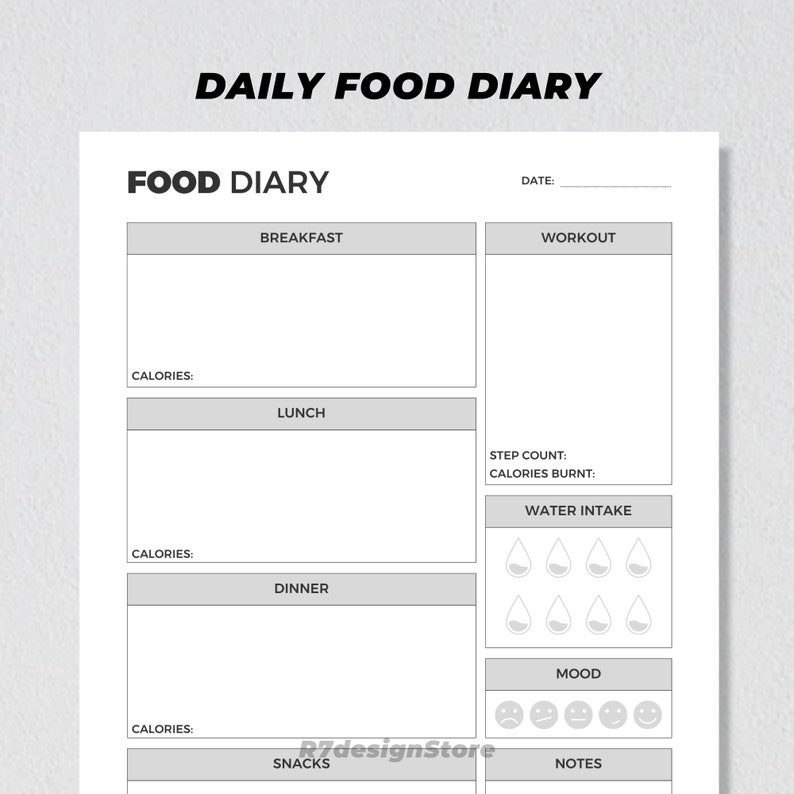 Daily Food Diary Log Printable, Everyday Calorie Tracker, Diet Fitness ...