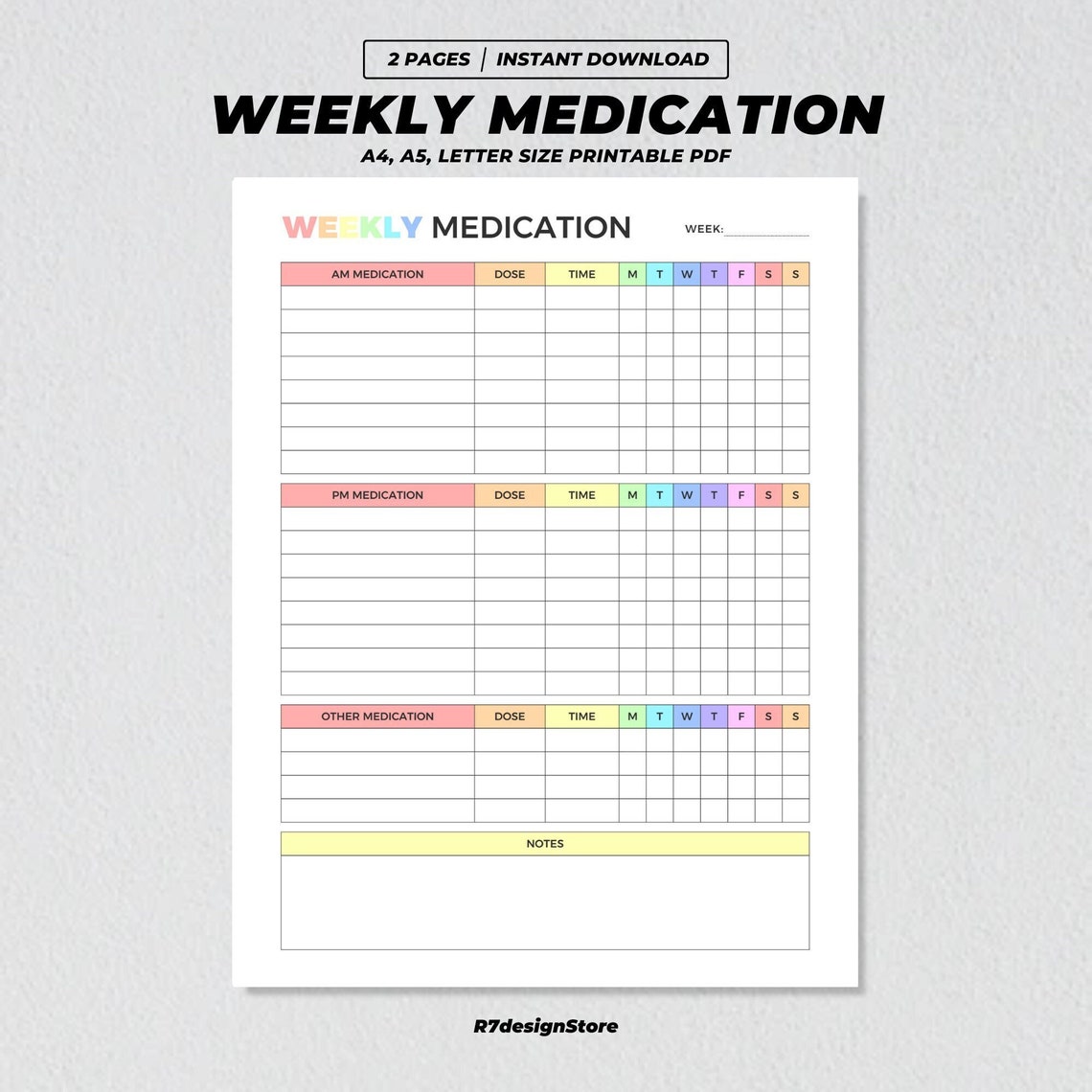 Weekly Medication Log Printable, AM PM Medicine Dosage Tracker ...