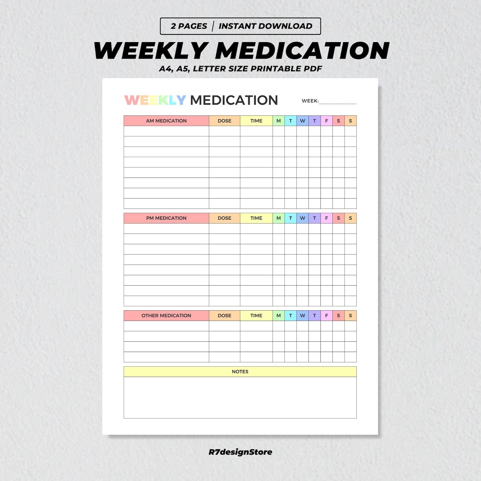 Weekly Medication Log Printable, AM PM Medicine Dosage Tracker ...