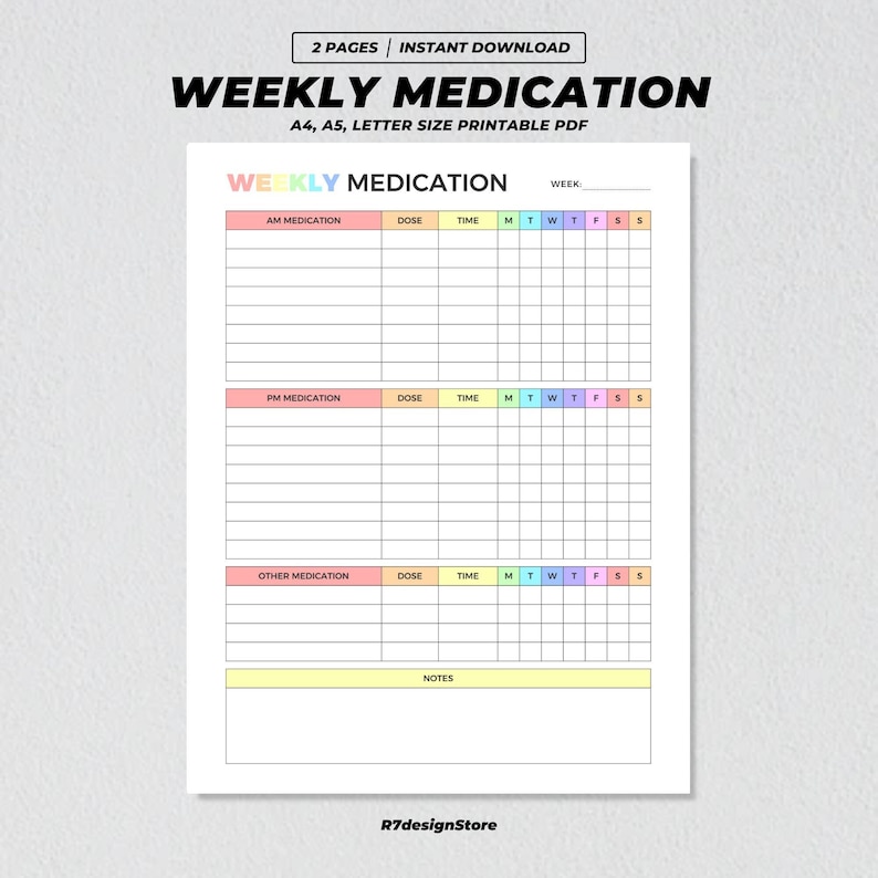 Weekly Medication Log Printable, AM PM Medicine Dosage Tracker ...
