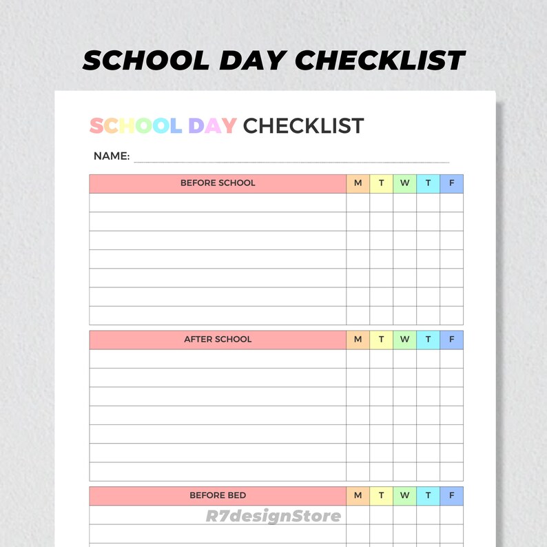 School Day Checklist Printable, Kids Daily Chore Chart Tracker ...