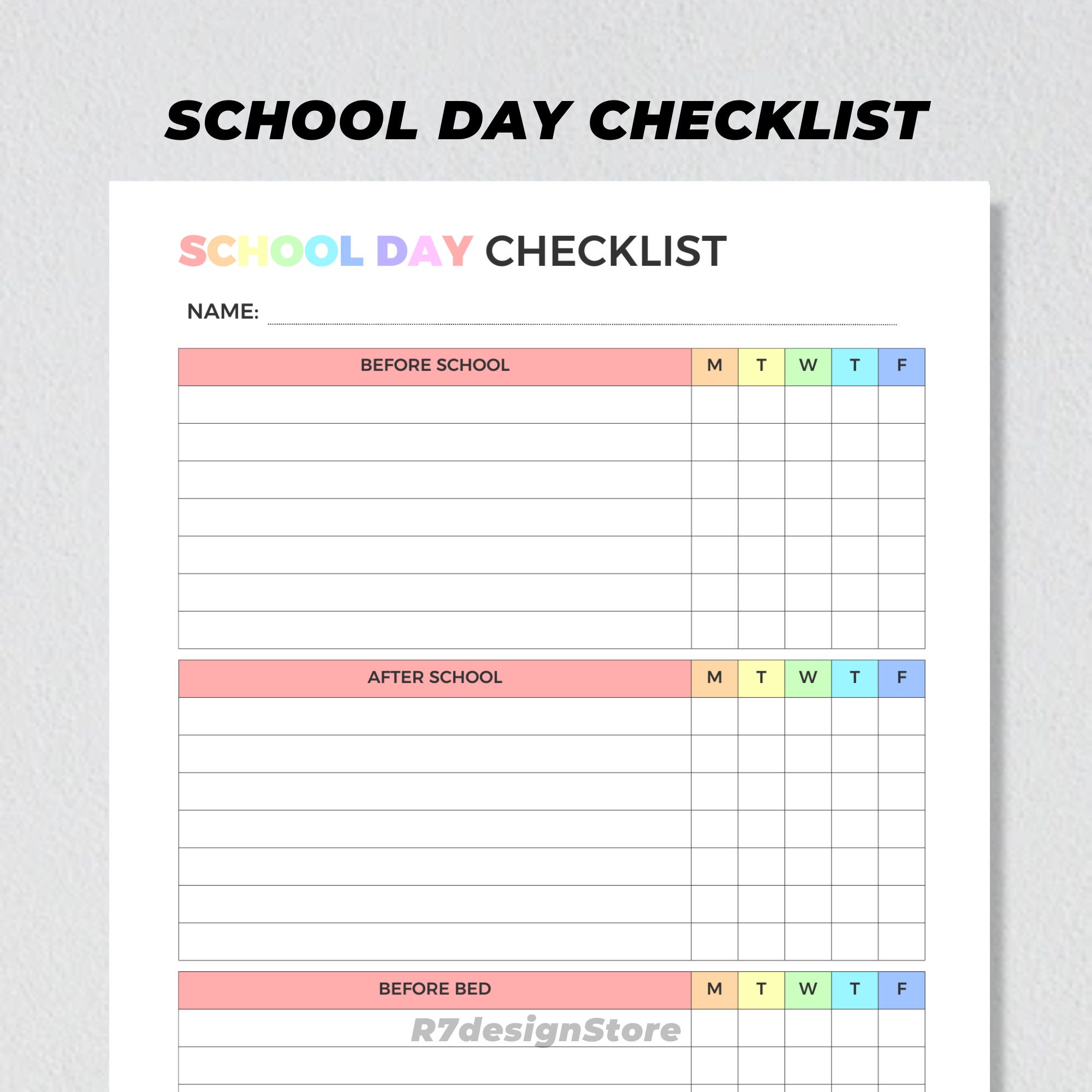 School Day Checklist Printable Kids Daily Chore Chart - Etsy