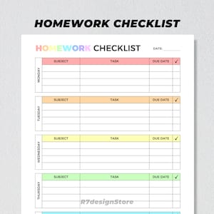 Homework Checklist Printable, Weekly Homework Tracker, Student ...