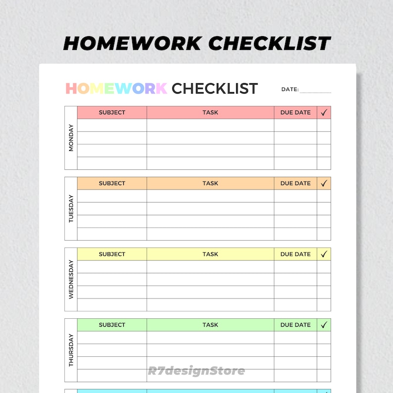 Homework Checklist Printable, Weekly Homework Tracker, Student ...