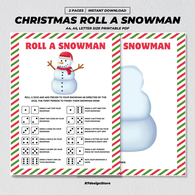 Christmas Roll A Snowman Printable, Winter Family Game, Xmas Group ...