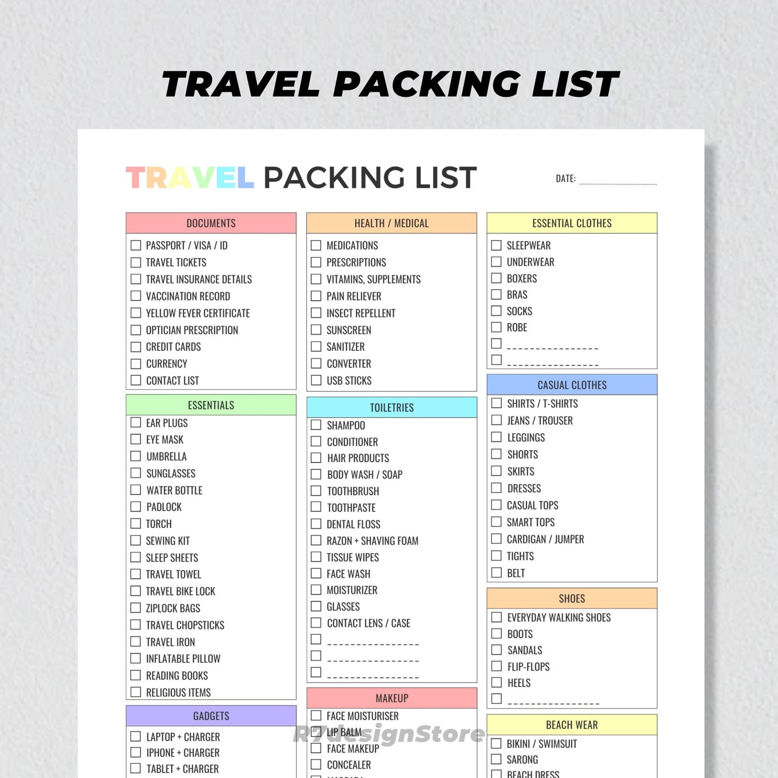 Travel Packing List Printable, Travel Planner, Vacation Essential ...