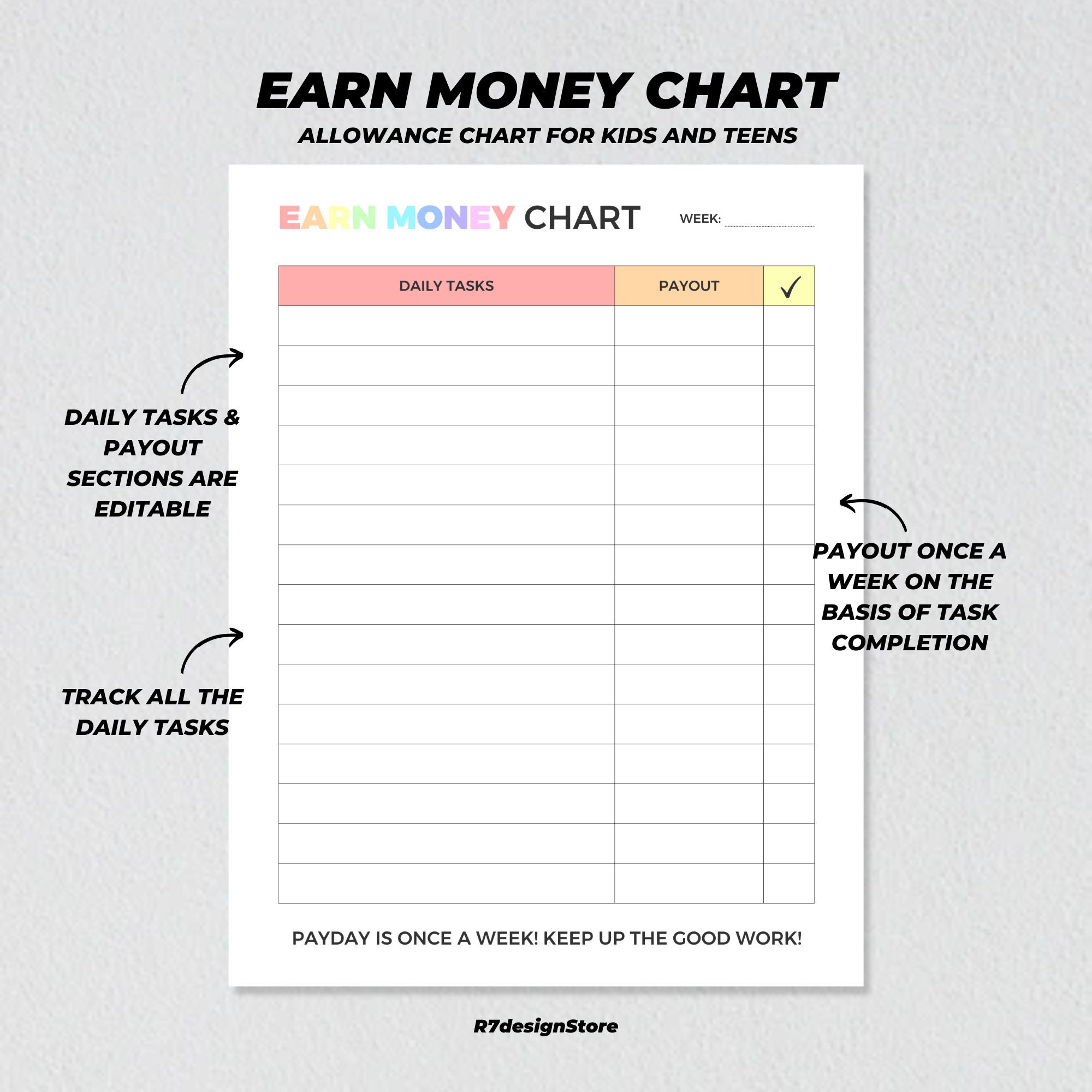 Earn Money for Kids Printable, Weekly Allowance Chore Chart Tracker ...