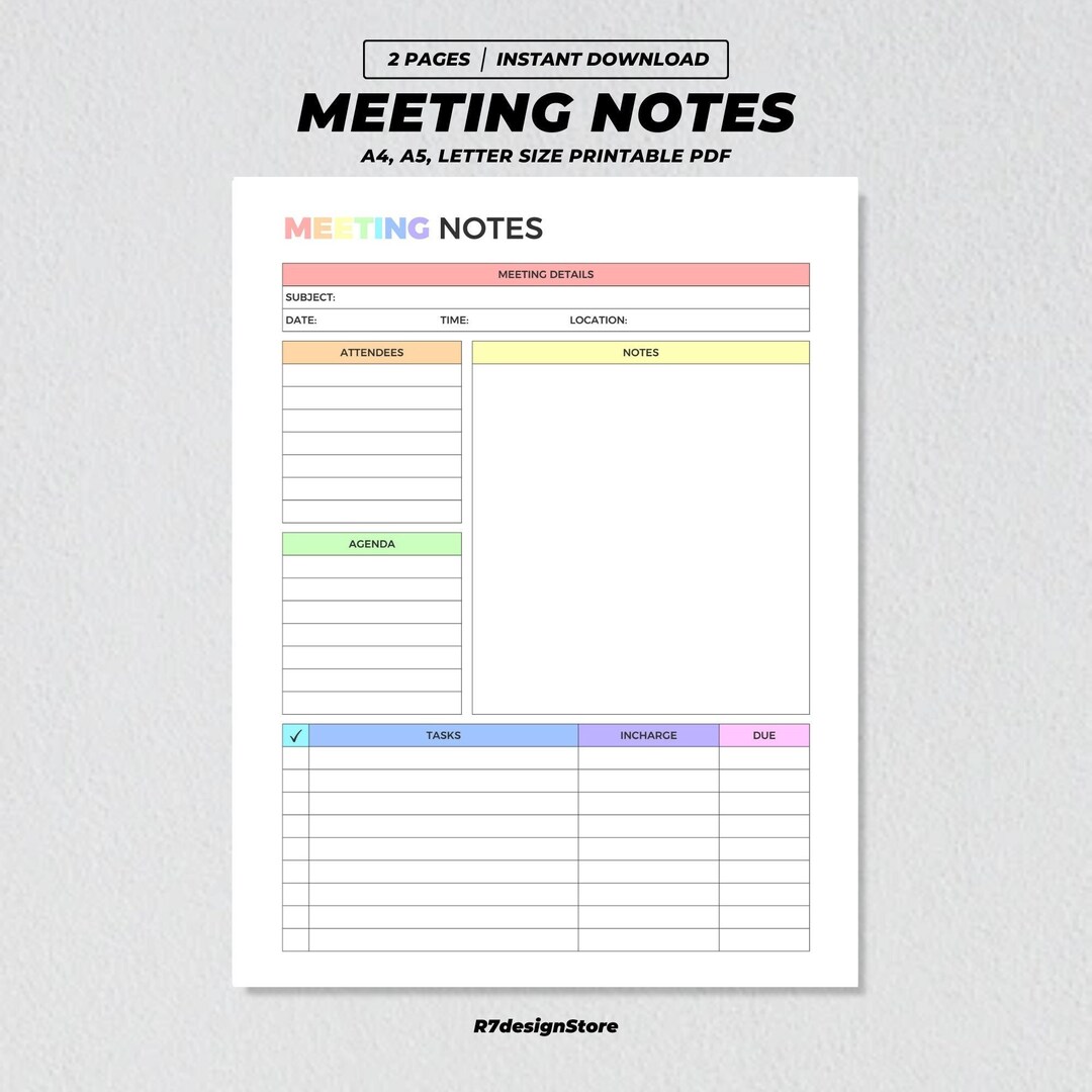 Meeting Notes Printable, Meeting Minutes Agenda Tracker, Office Project ...