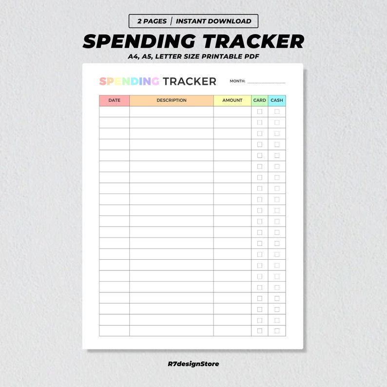 Spending Tracker Printable, Cash Card Spending Log, Purchase Transaction Records, Budget ...