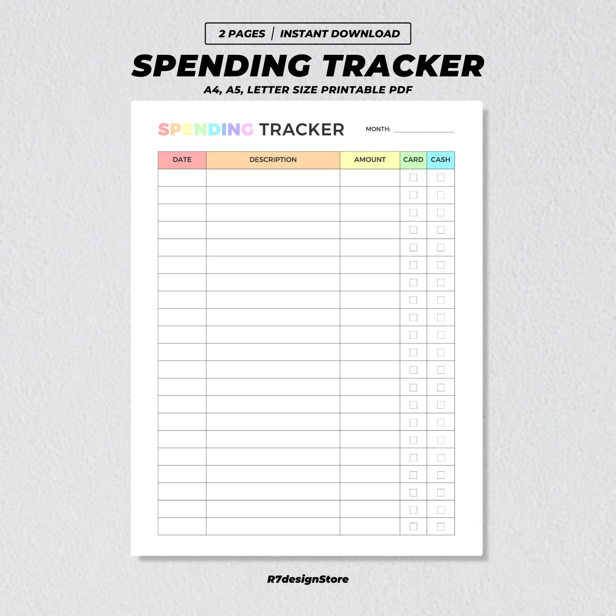 Spending Tracker Printable, Cash Card Spending Log, Purchase ...