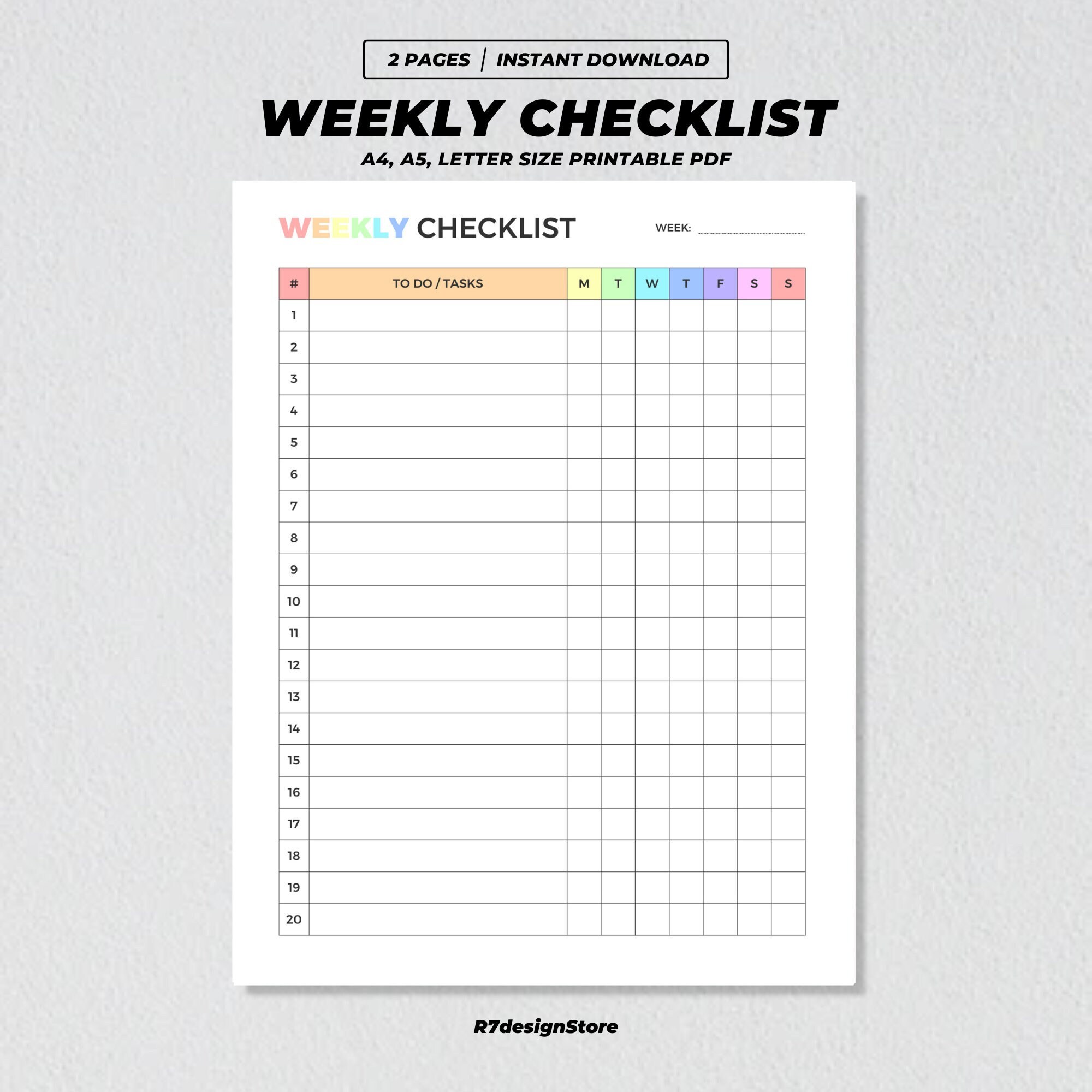 Weekly Checklist Printable Kawaii Colorful to Do List - Etsy