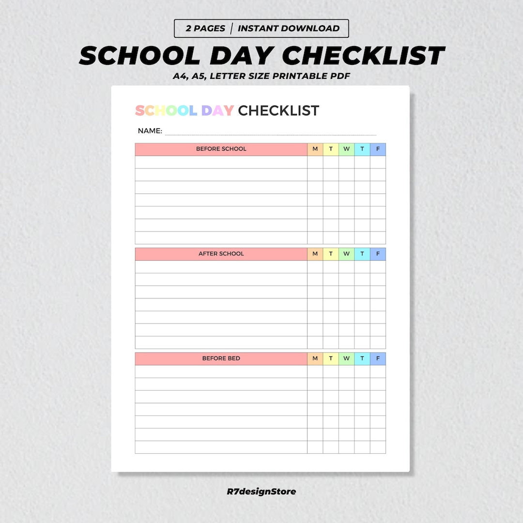 School Day Checklist Printable, Kids Daily Chore Chart Tracker ...