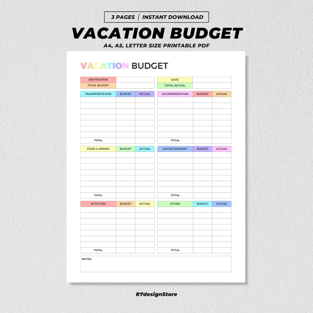 Vacation Budget Printable, Holiday Budget Planner, Travel Spending ...