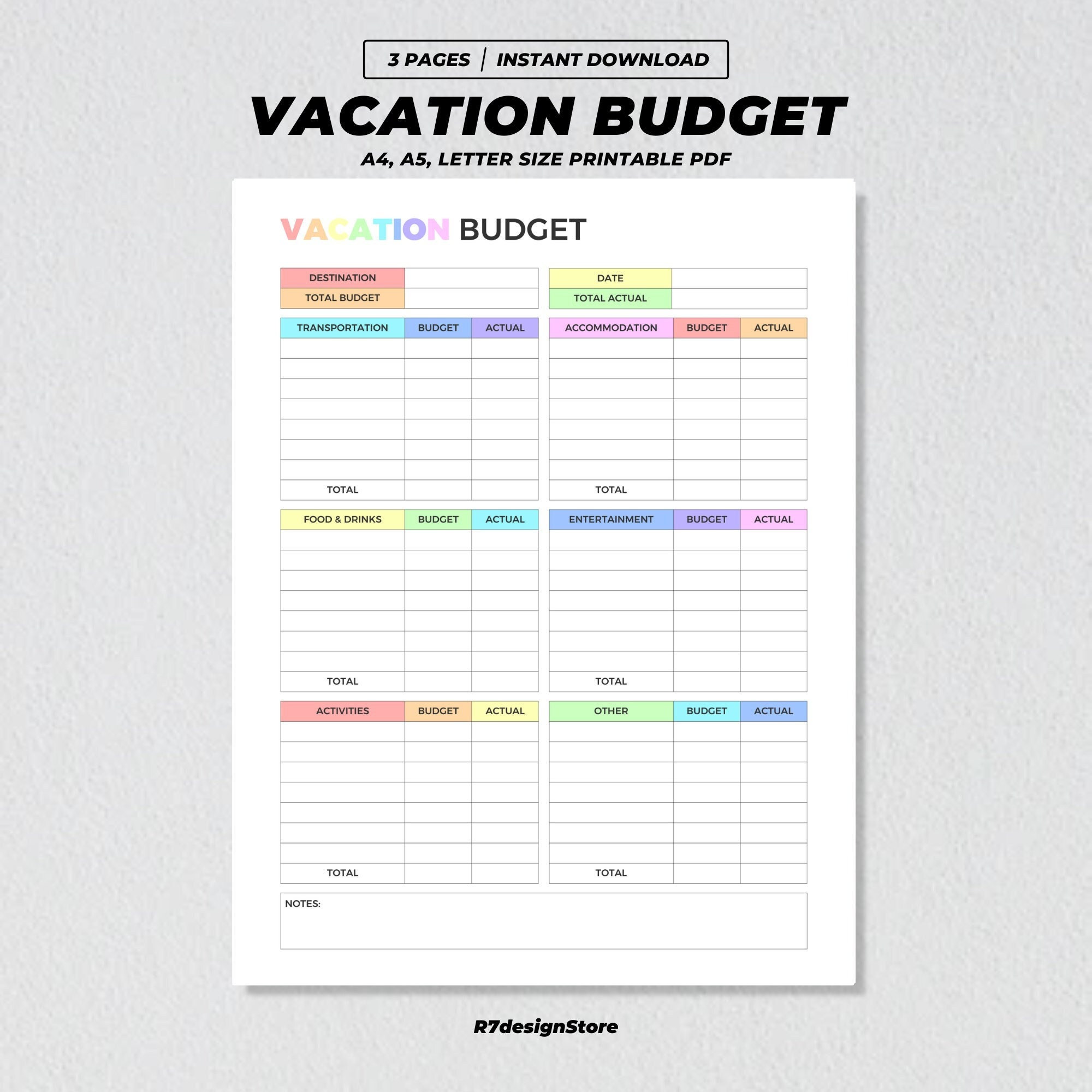 Vacation Budget Printable, Holiday Budget Planner, Travel Spending ...