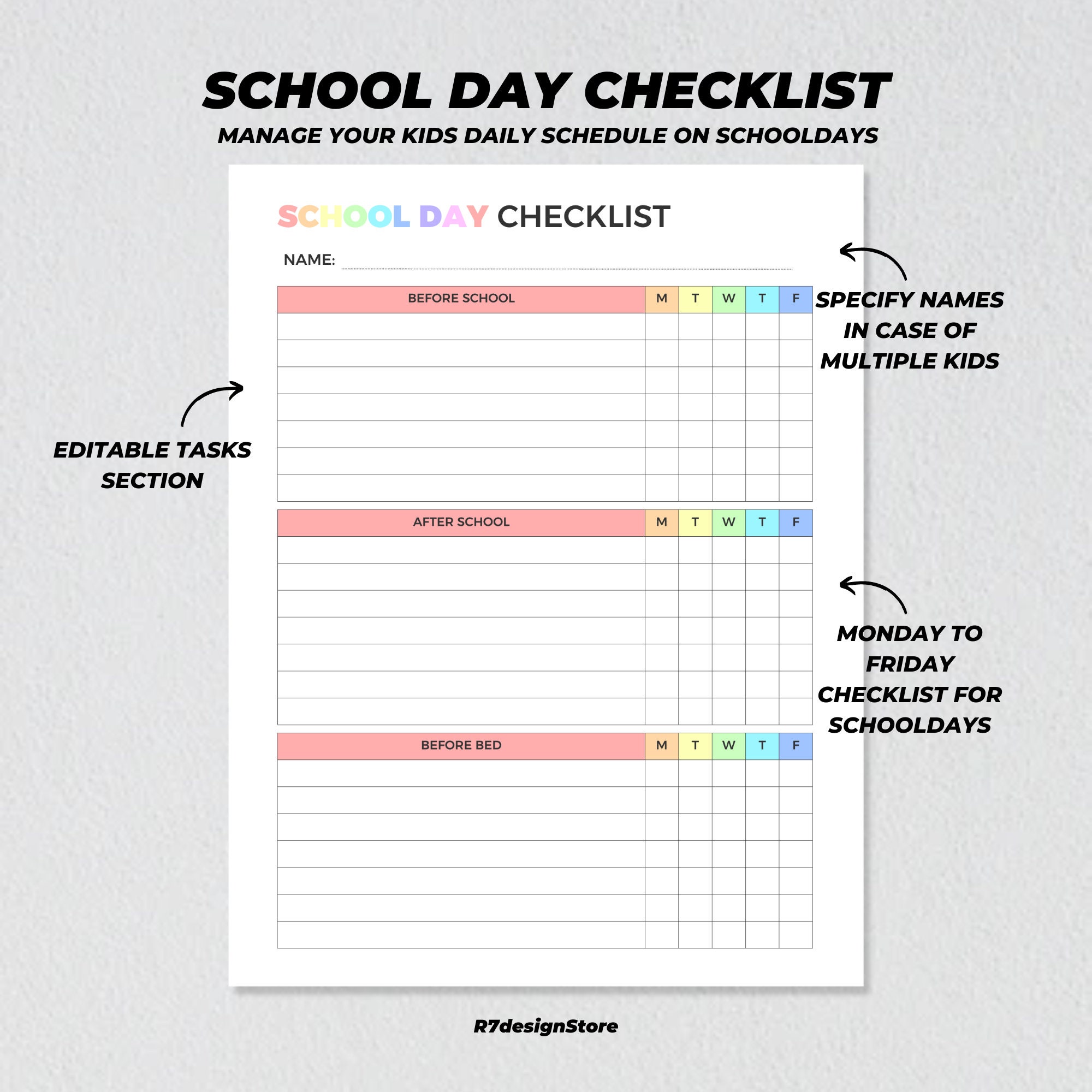 School Day Checklist Printable Kids Daily Chore Chart - Etsy