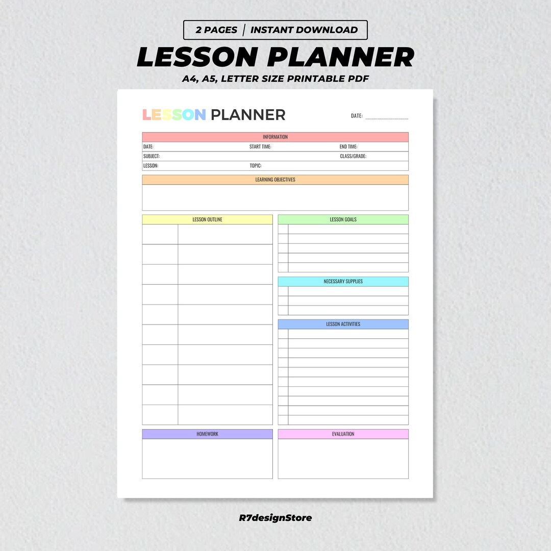 Lesson Planner Printable, Daily Teacher Lesson Planning, School Study ...