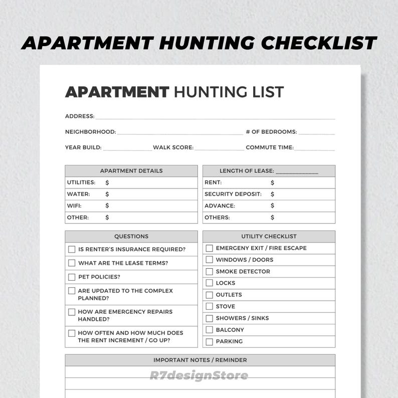 Apartment Hunting Checklist Printable, First House Planner, New Home ...