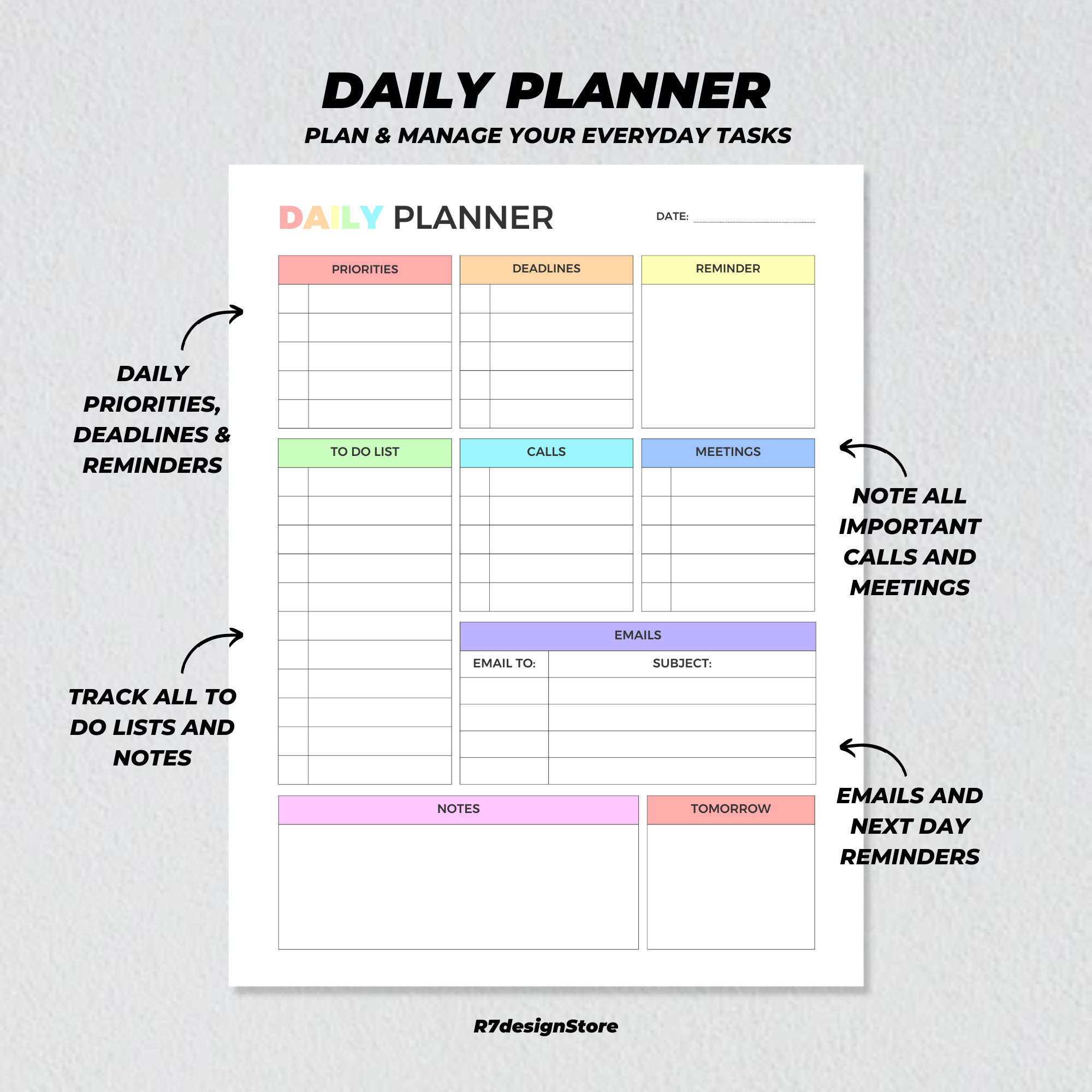 Daily Planner Printable, Everyday to Do List, Office Work Organizer ...
