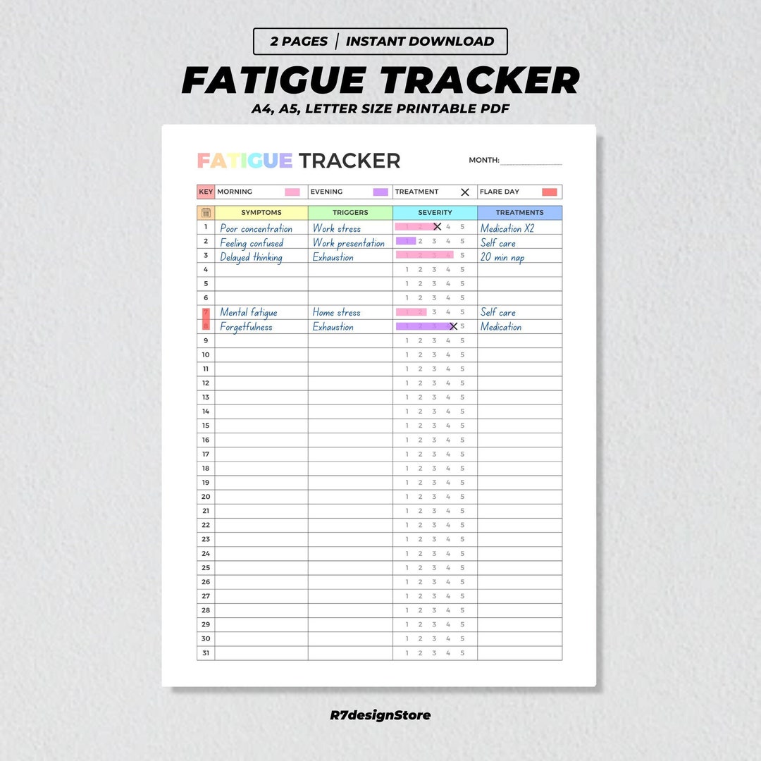 Fatigue Tracker Printable, Monthly Severity Chart, Health & Fitness ...