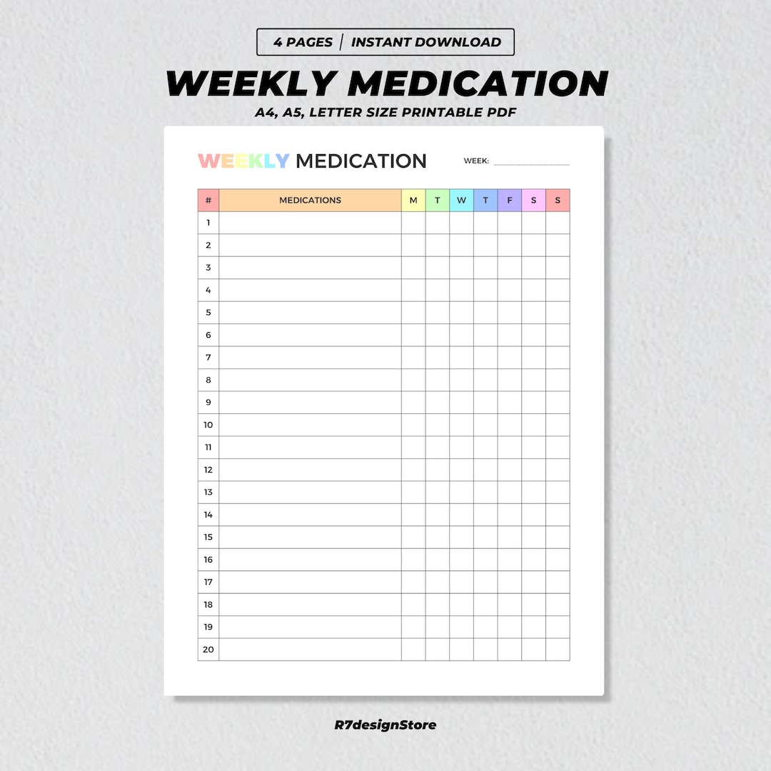 Weekly Medication Log Printable, Medicine Dosage Tracker, Medication ...