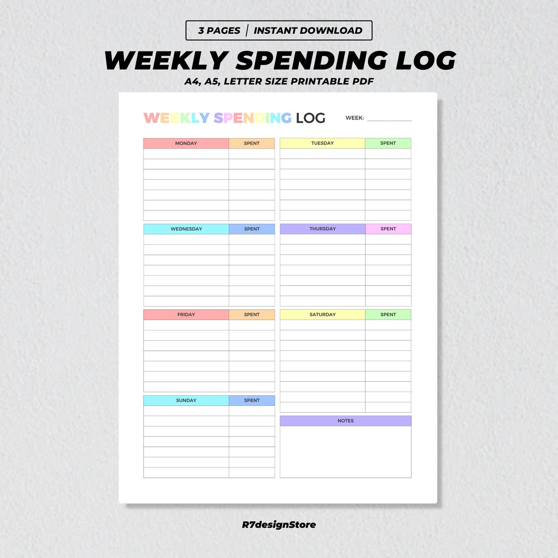 Weekly Spending Tracker Printable, Expense Record Planner, Purchase ...