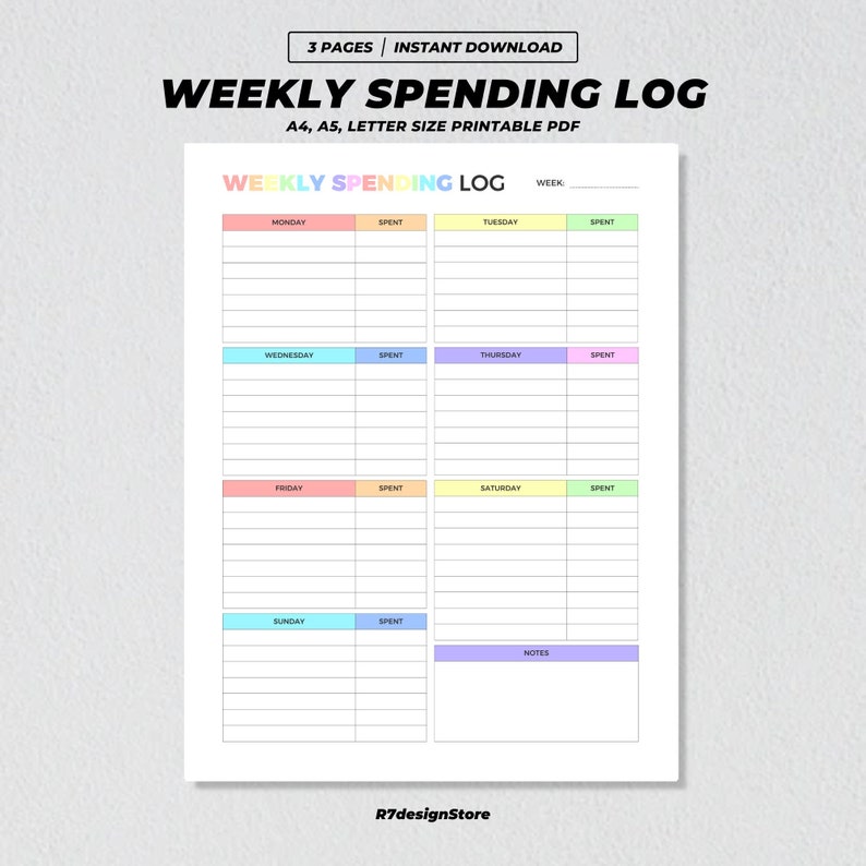 Weekly Spending Tracker Printable, Expense Record Planner, Purchase ...