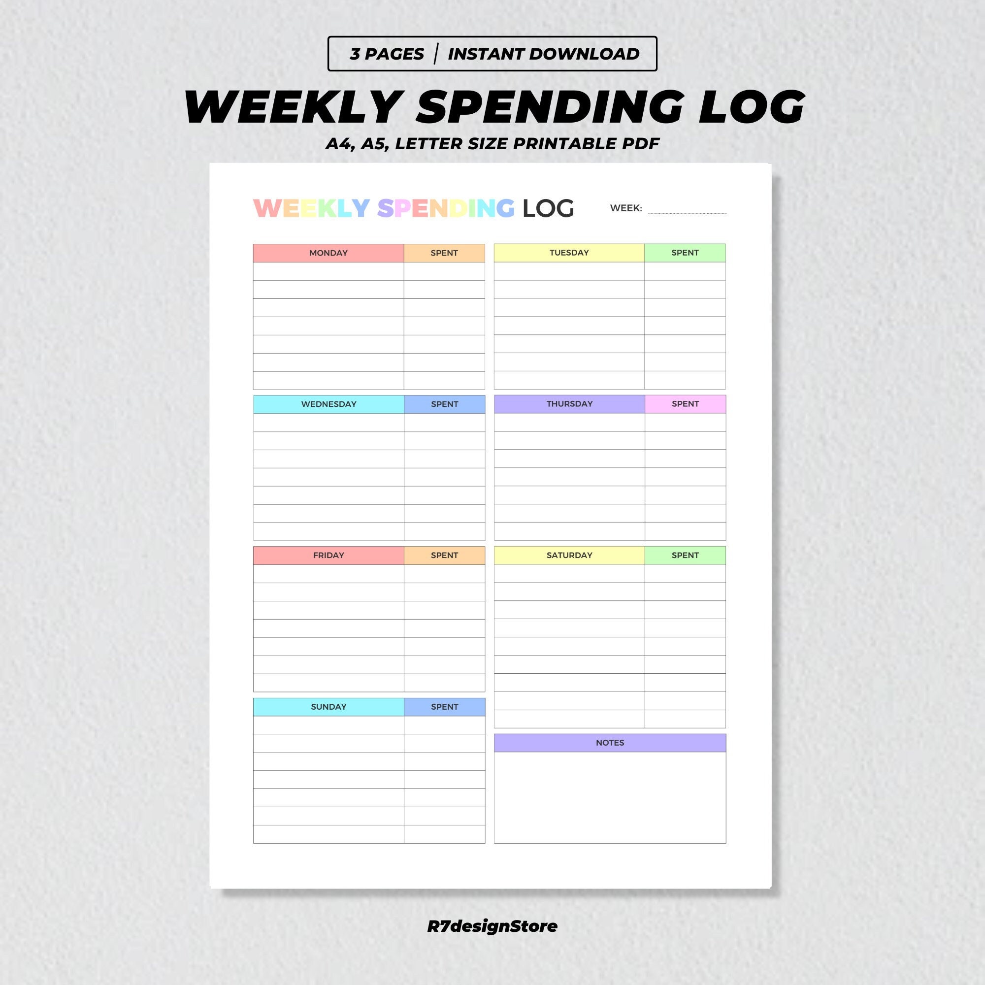 Weekly Spending Tracker Printable, Expense Record Planner, Purchase ...