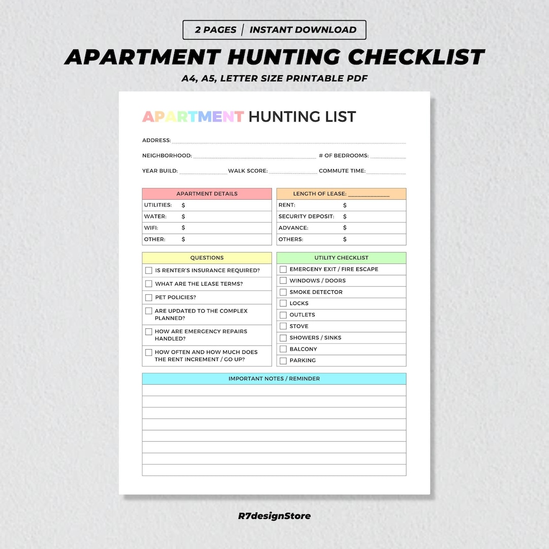 Apartment Hunting Checklist Printable, First House Planner, New Home ...