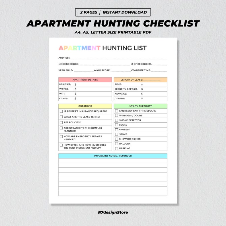 Apartment Hunting Checklist Printable, First House Planner, New Home ...