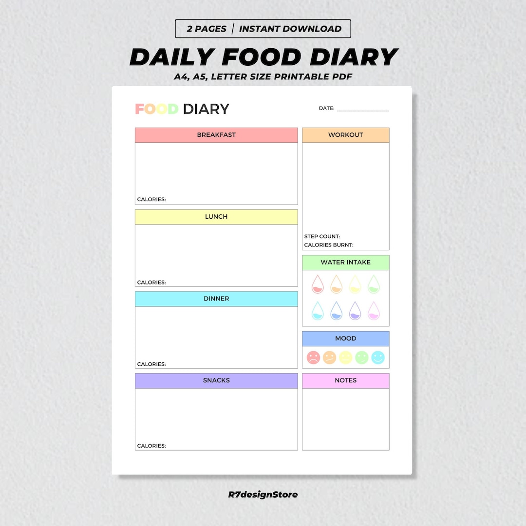 Daily Food Diary Log Printable, Everyday Calorie Tracker, Diet Fitness ...
