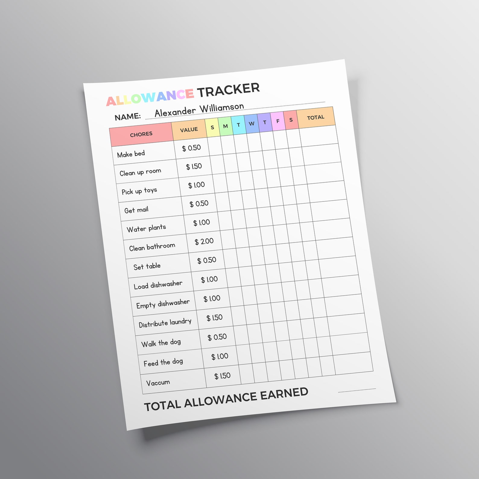Allowance Tracker for Kids Printable, Weekly Allowance Chore Chart ...