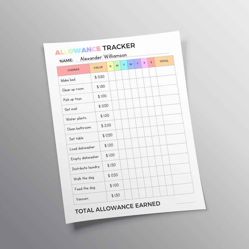 Allowance Tracker for Kids Printable, Weekly Allowance Chore Chart ...