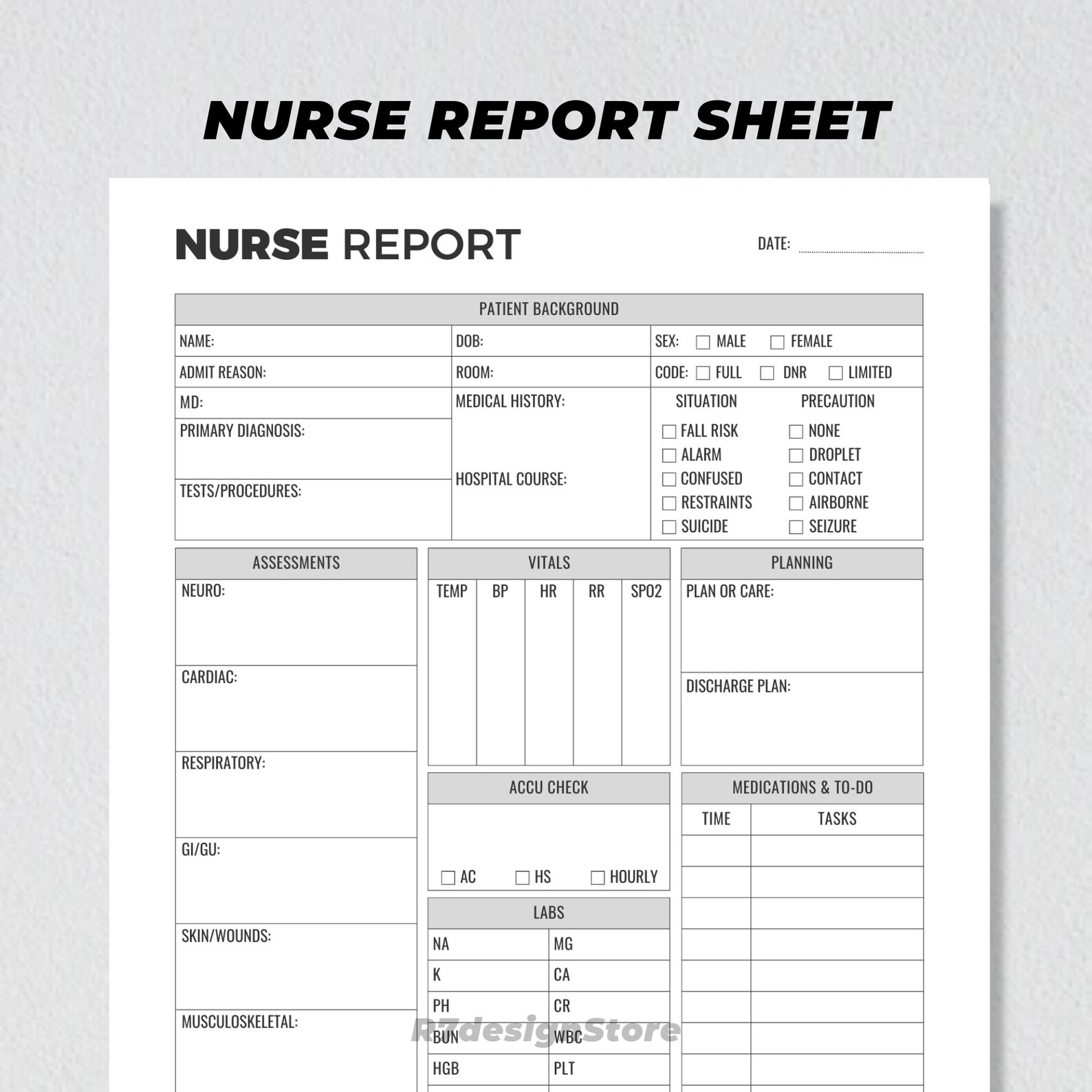 Med Surg Nurse Report Sheet Printable, Single Patient Reporting ...