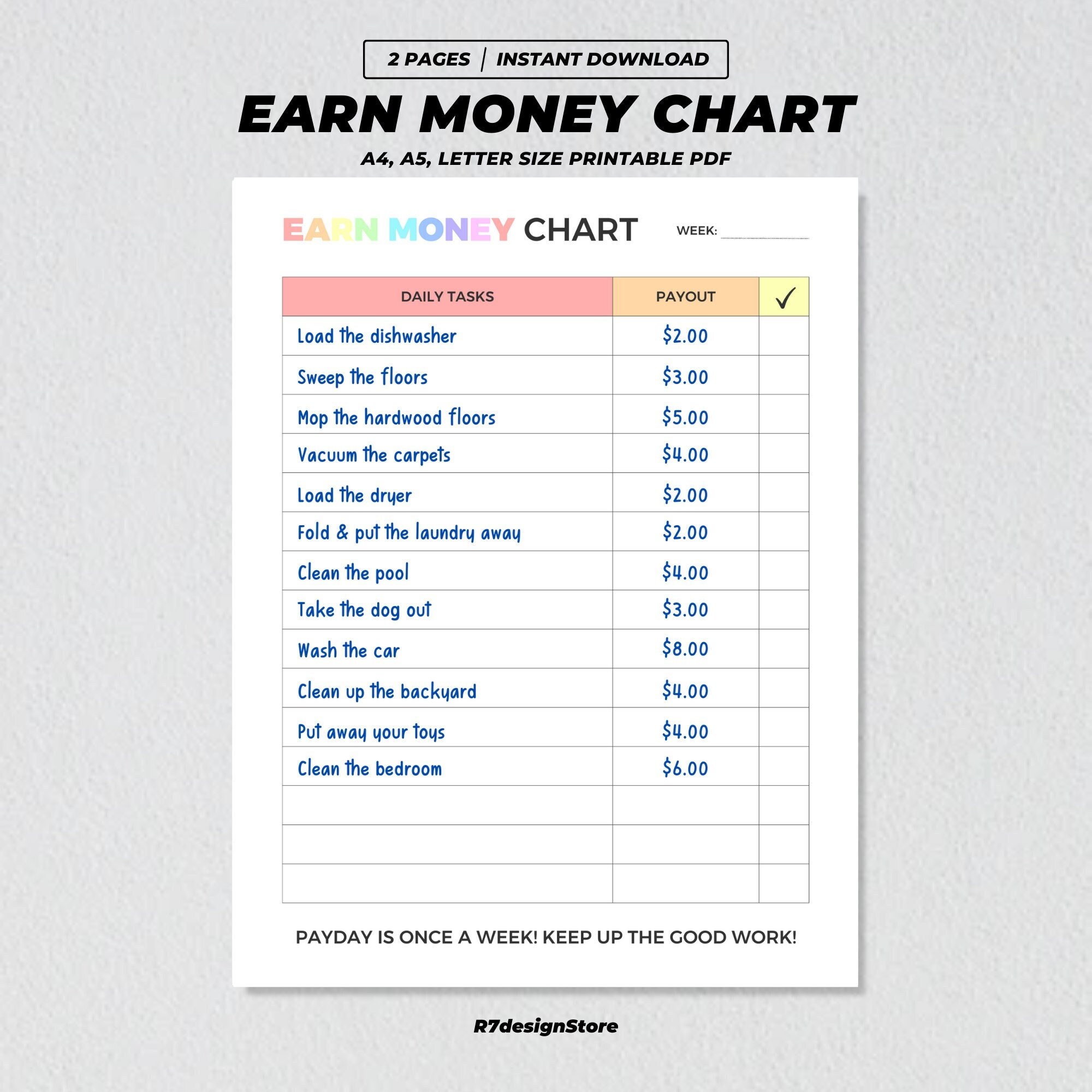 Earn Money for Kids Printable, Weekly Allowance Chore Chart Tracker ...