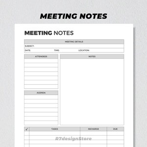 Meeting Notes Printable, Meeting Minutes Agenda Tracker, Office Project ...