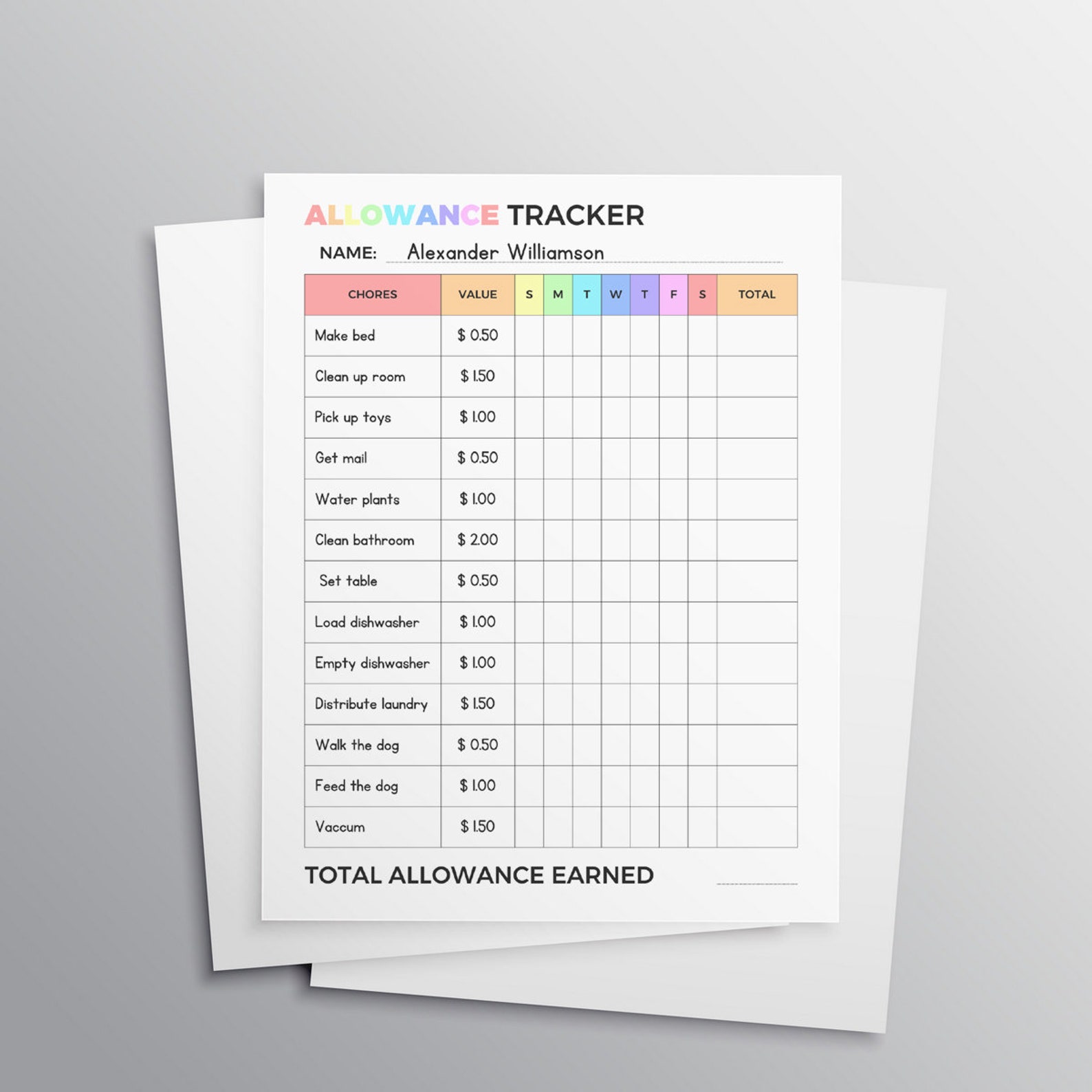 Allowance Tracker for Kids Printable, Weekly Allowance Chore Chart ...