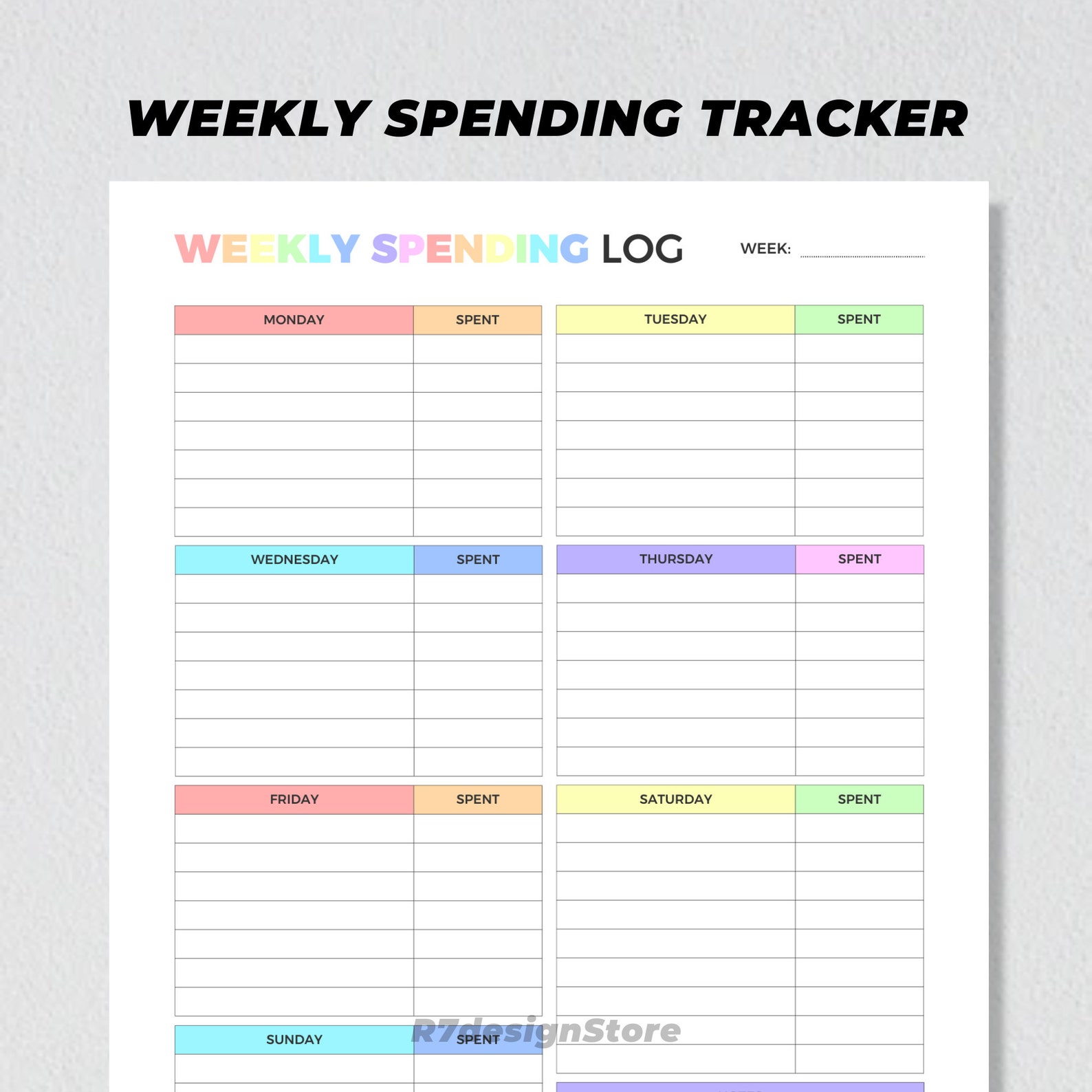 Weekly Spending Tracker Printable, Expense Record Planner, Purchase ...