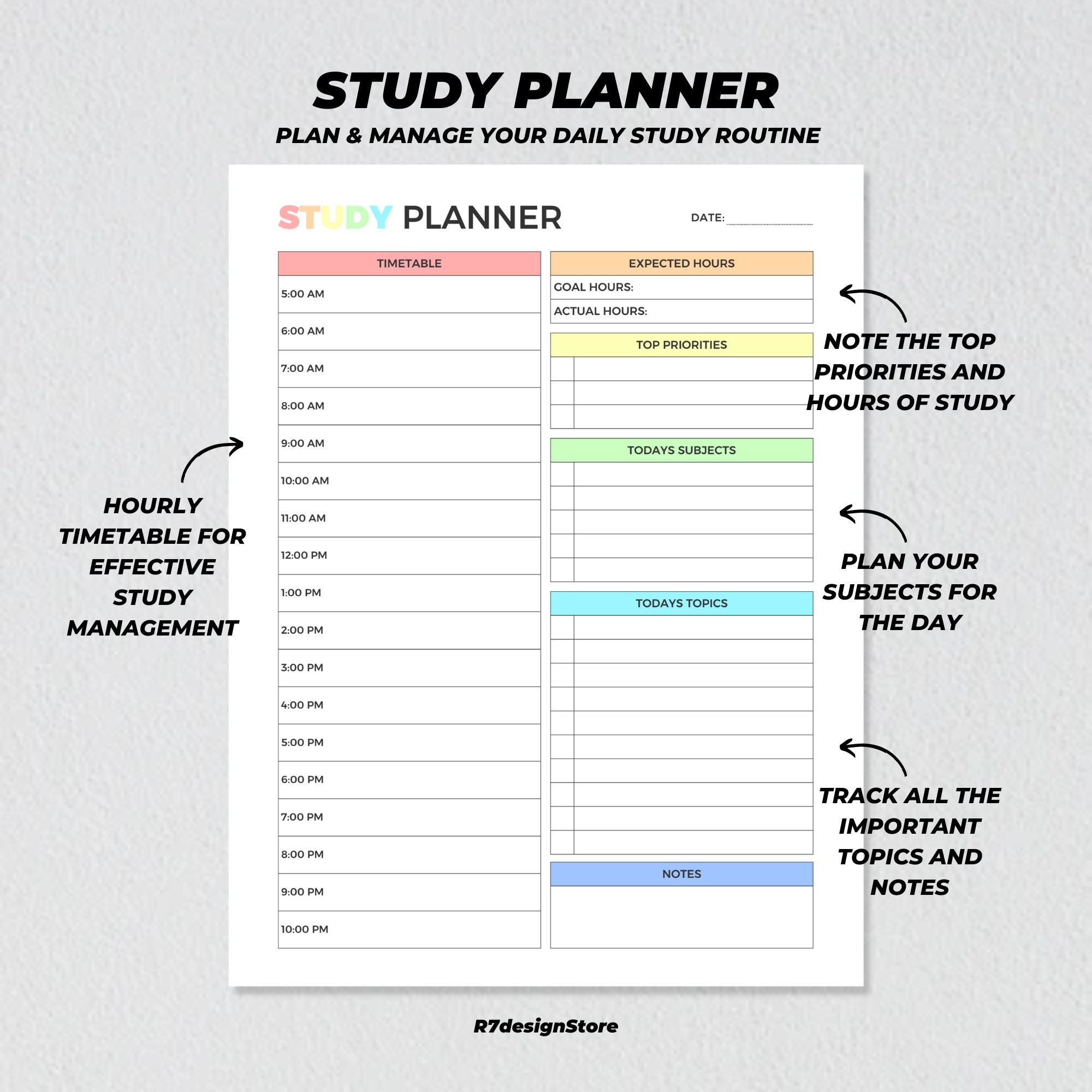 Study Planner Printable, Student Timetable Schedule, Hourly Study ...