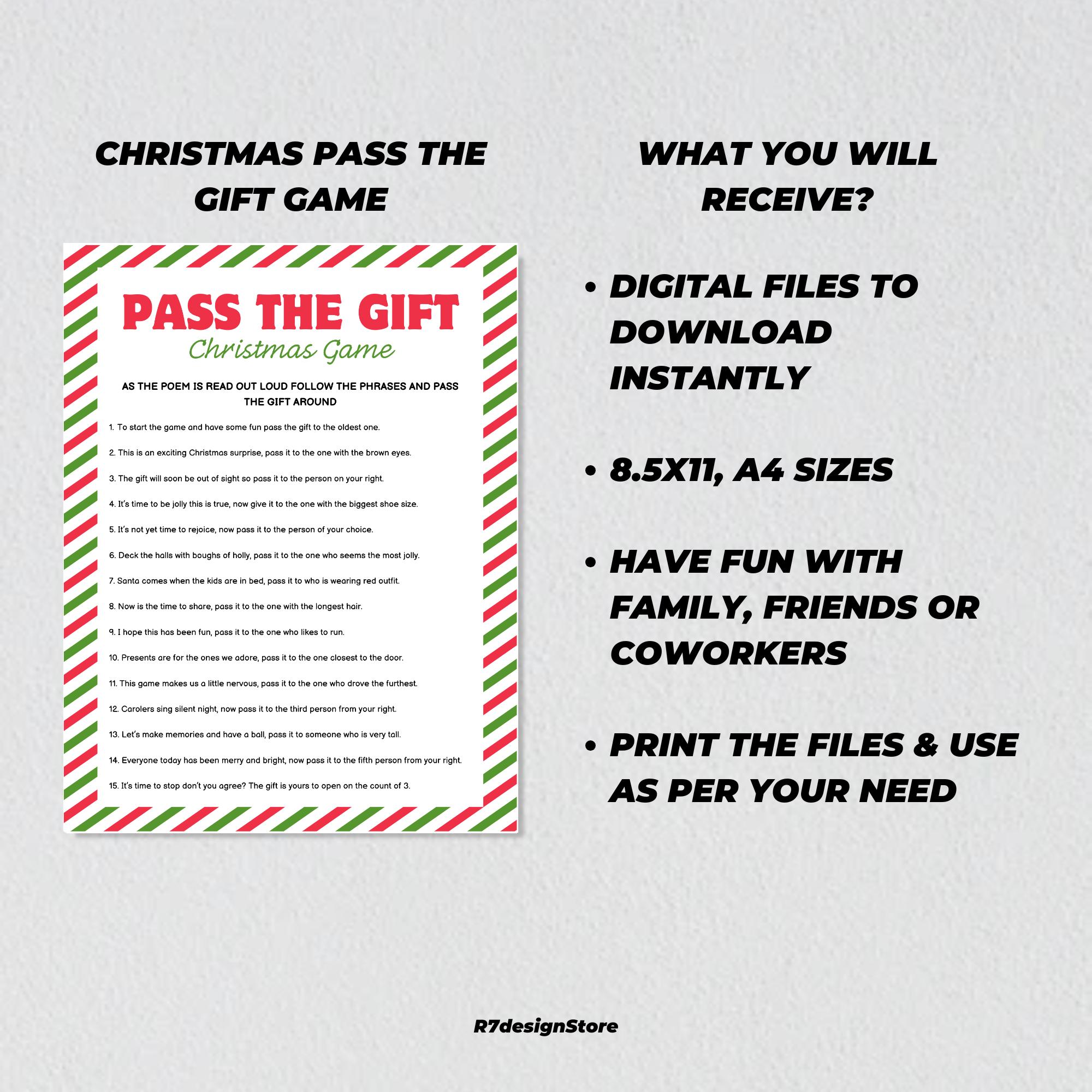 Christmas Pass the Gift Game Printable, Pass the Prize Quiz, Left Right ...