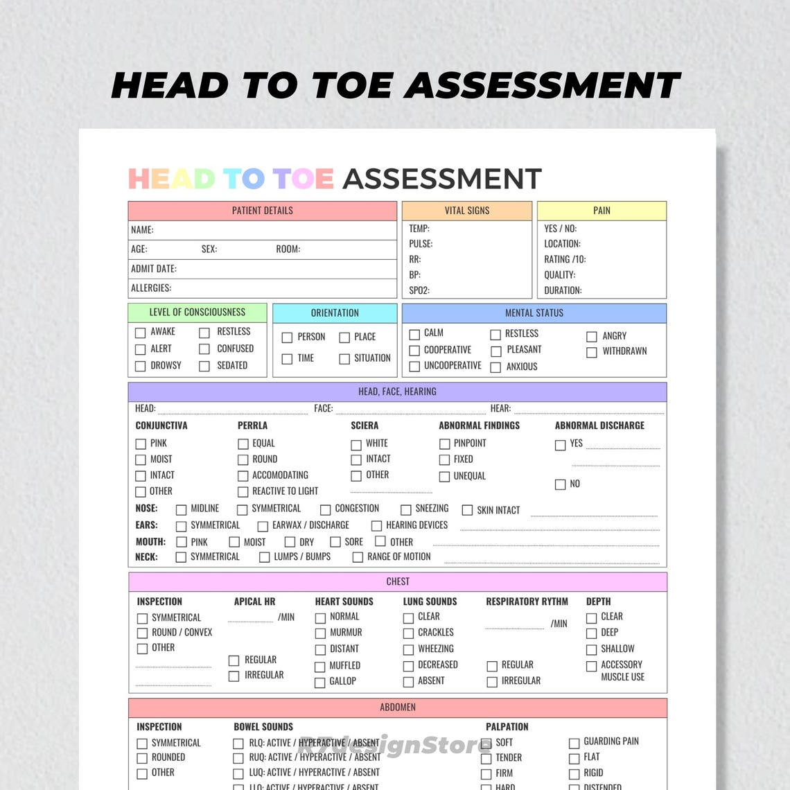 Head to Toe Assessment Printable, Nursing Student Notes, Nurse ...