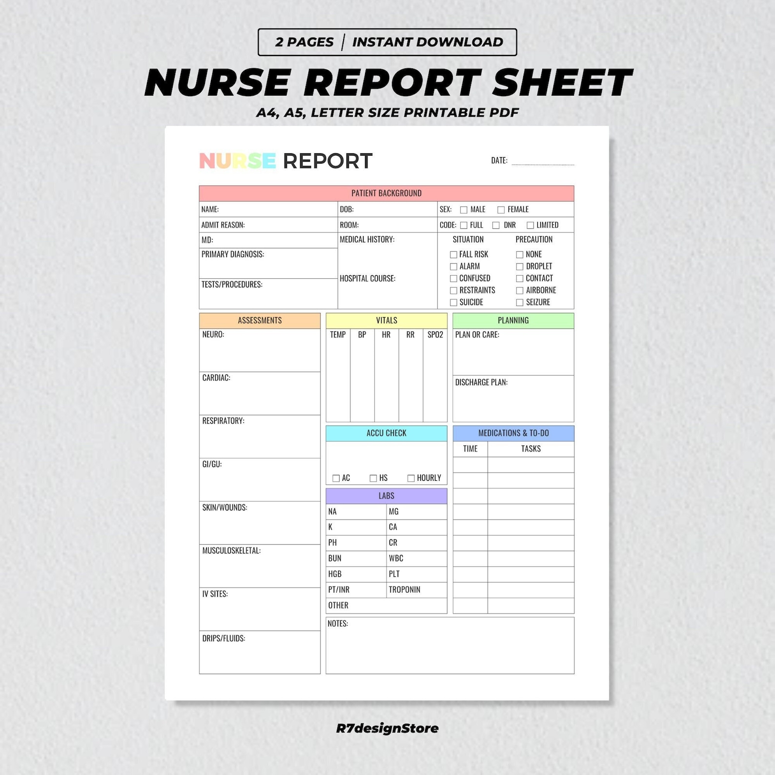 Med Surg Nurse Report Sheet Printable, Single Patient Reporting ...