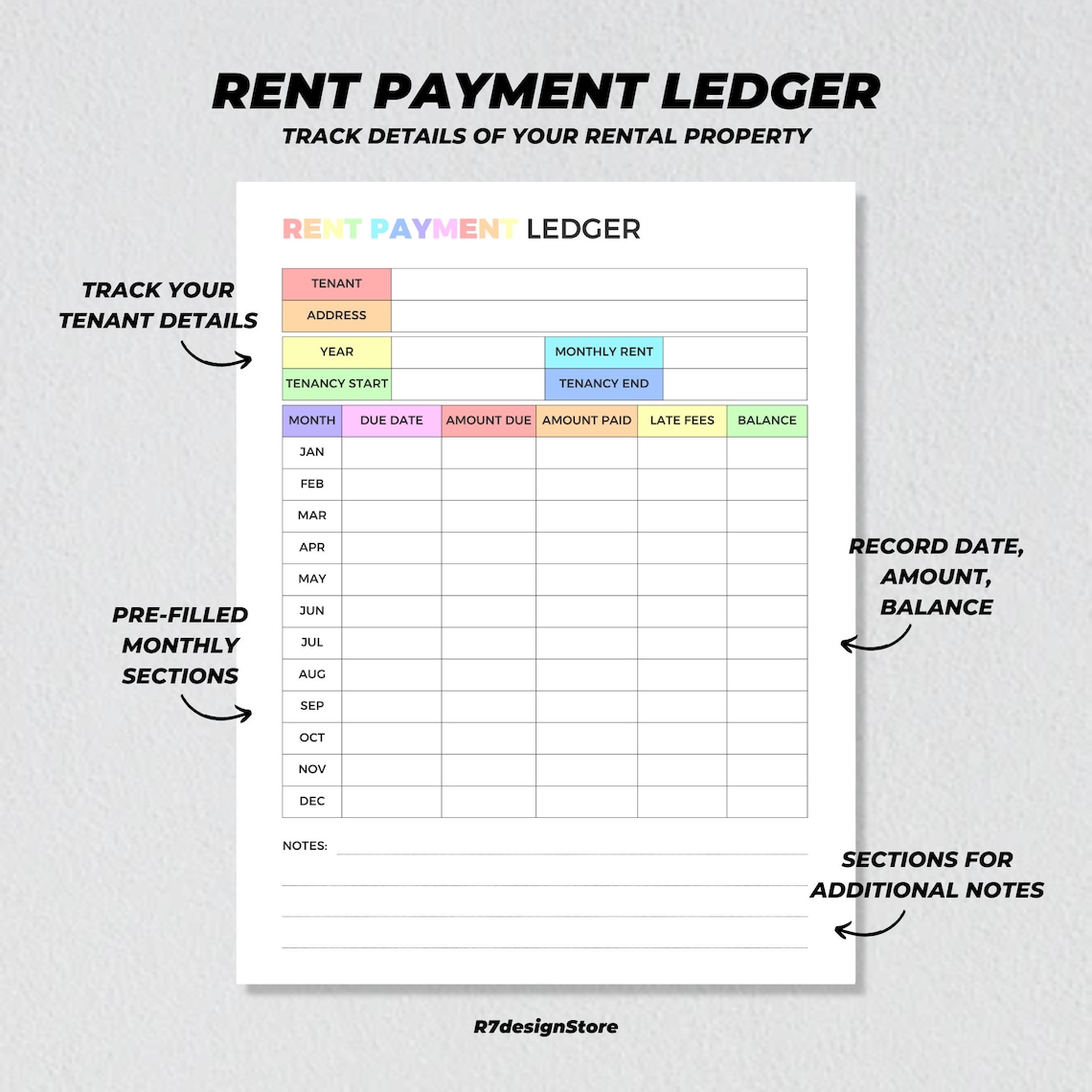Rent Payment Ledger Printable, Landlord Tenant Payment Tracker, Monthly ...