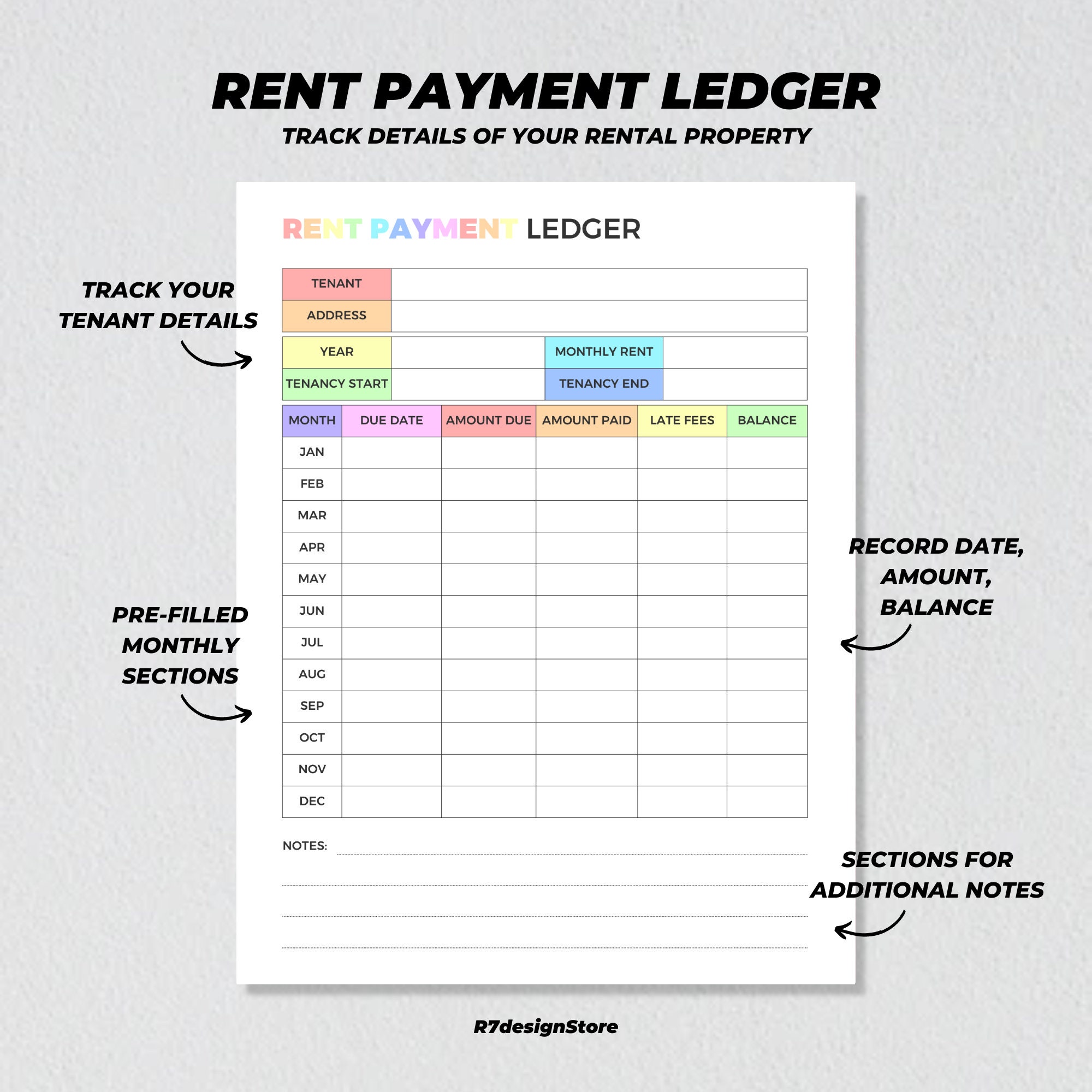 Rent Payment Ledger Printable, Landlord Tenant Payment Tracker, Monthly ...