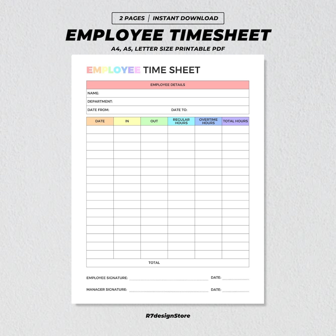 Employee Timesheet Printable, Daily Employee Time Tracker, Staff in Out ...