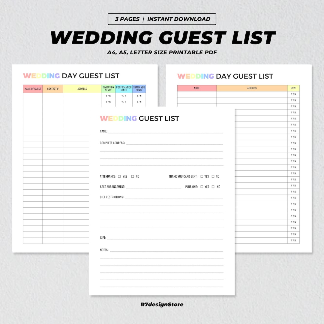 Wedding Guest List Printable, Wedding Planner, Bride Groom to Do List ...