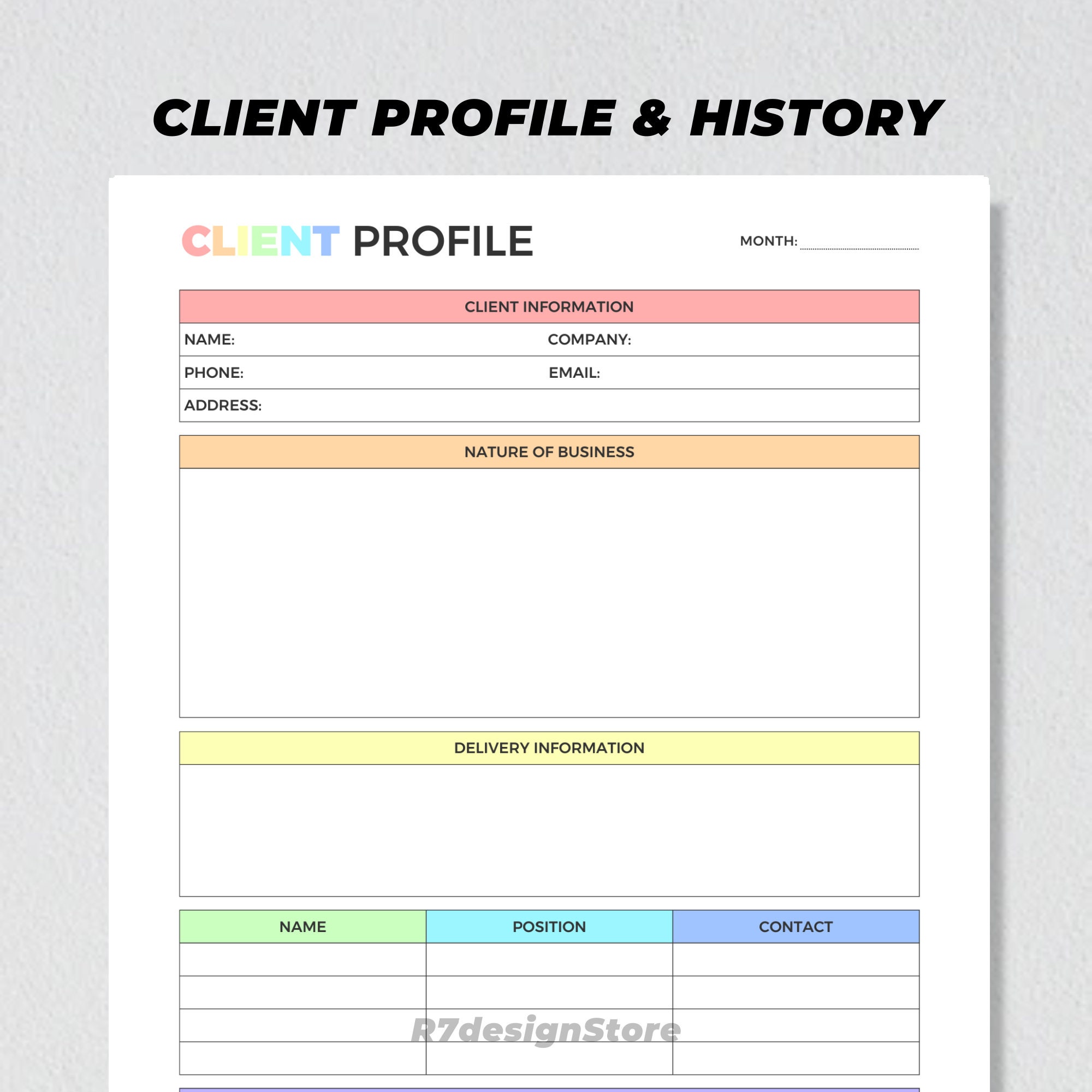 Client Profile & History Printable, Small Business Client Form, Client ...