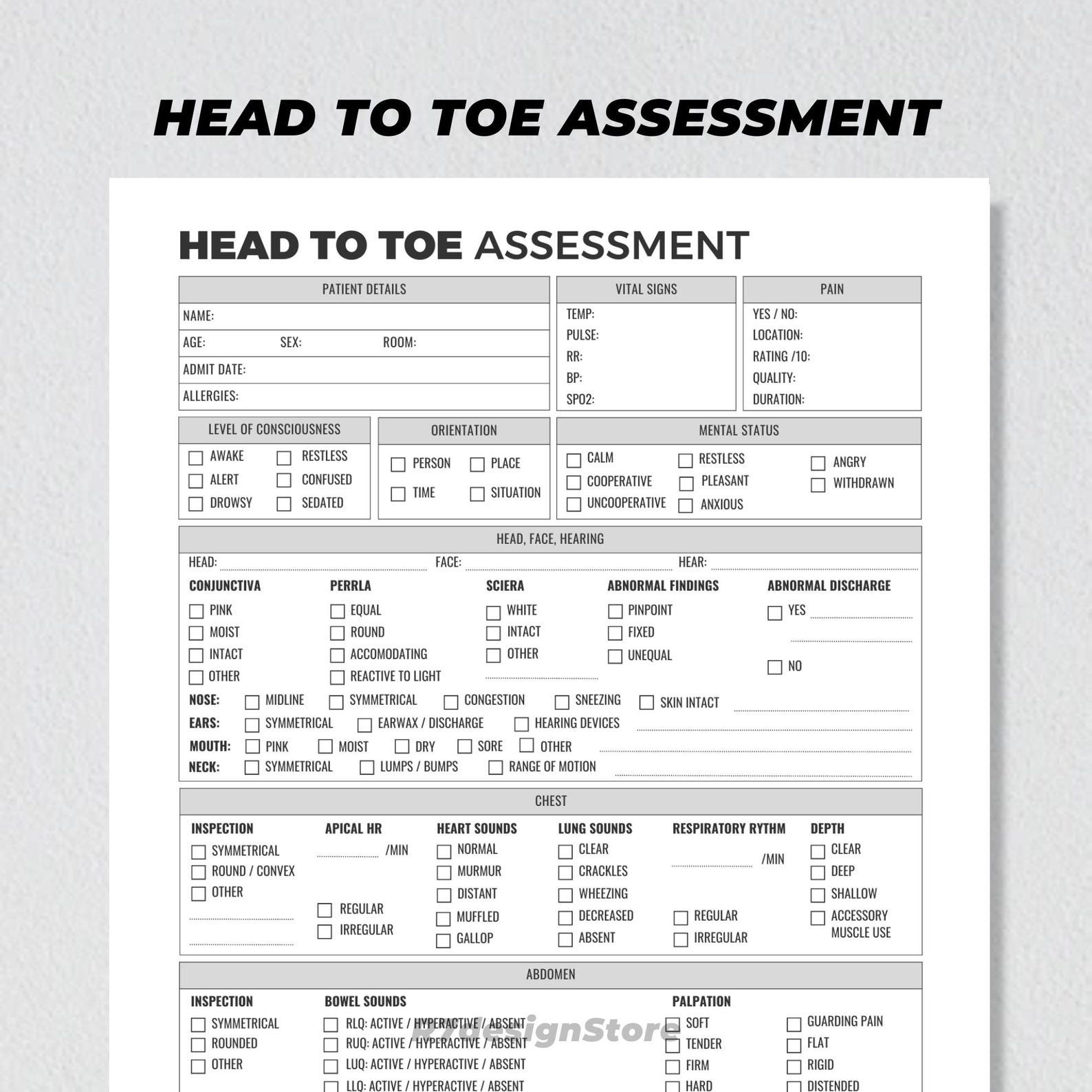 Head to Toe Assessment Printable, Nursing Student Notes, Nurse ...